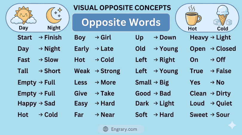 List of 100 Opposite Words in English with Examples • Engrary