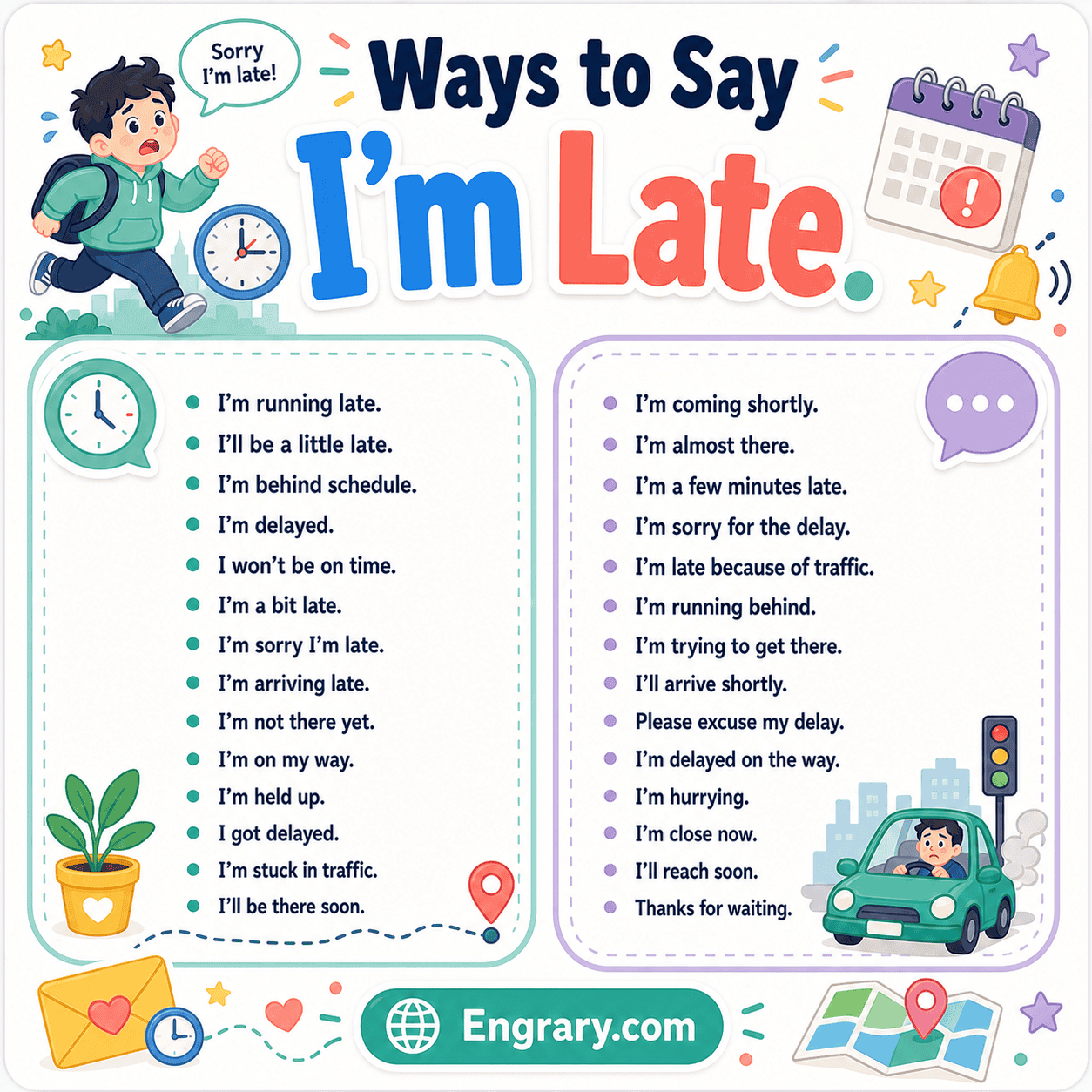 90 Professional and Casual Ways to Say “I’m Late” in English • Engrary