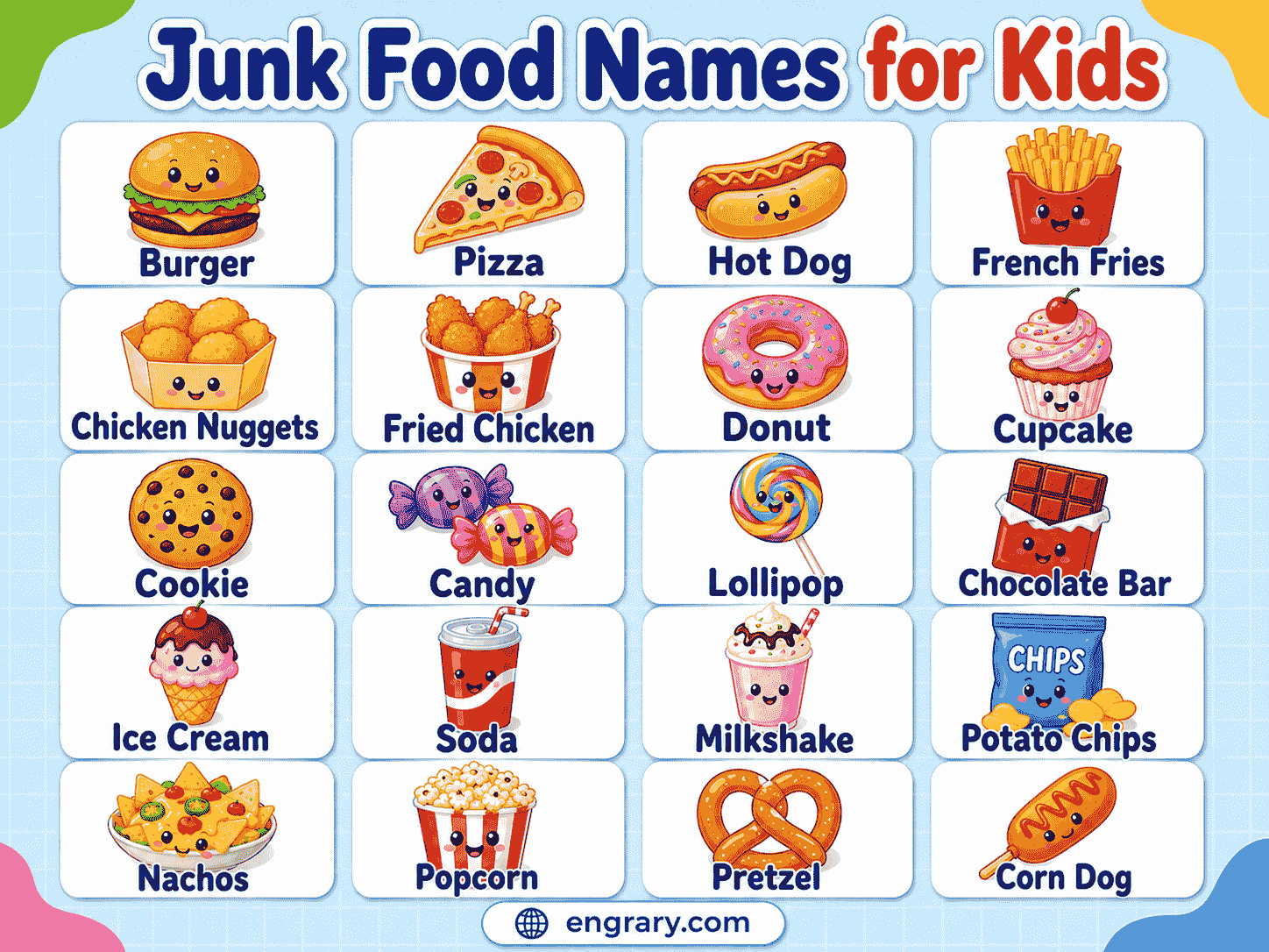 50 Junk Food Names in English for Kids with Pictures • Engrary